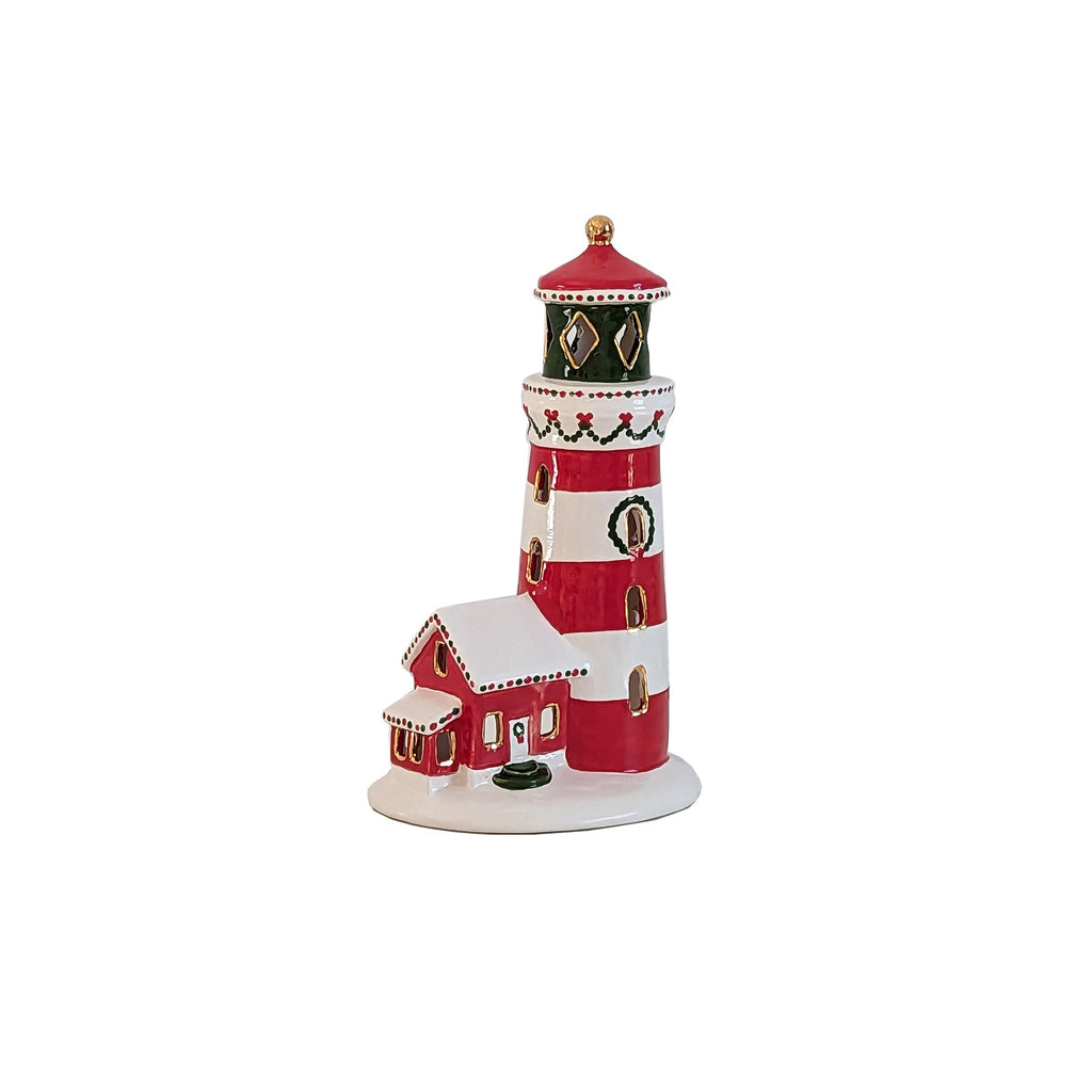 Ivory, Red and Green Lighthouse with 22K Gold Accents – Lo Home